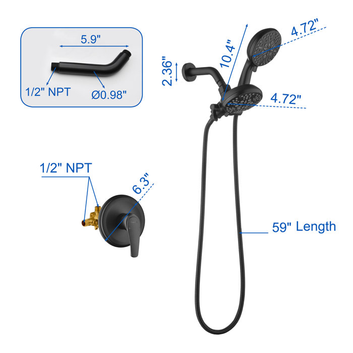 SHAMANDA Dual Shower Faucet Set with Valve High Pressure 2 in 1 Shower Combo Set Shower System ...